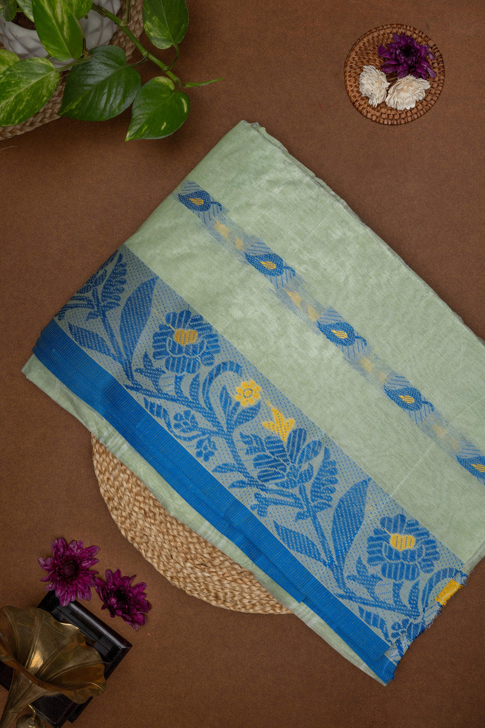 Prakriti - Sage Green Bengal Cotton Saree with Blue Floral border ...